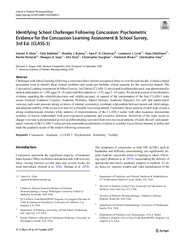 (PDF) Identifying School Challenges Following Concussion: Psychometric ...
