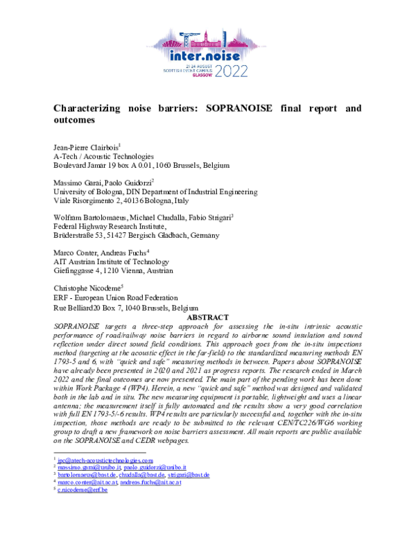 (PDF) Characterizing noise barriers: SOPRANOISE final report and outcomes