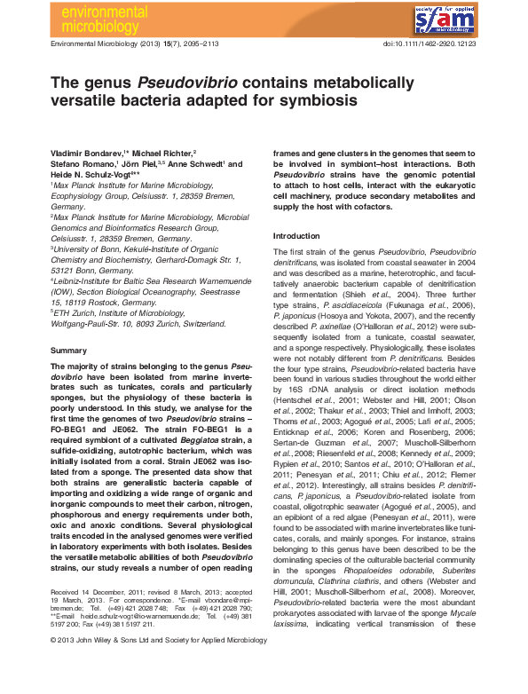 (PDF) The genus Pseudovibrio contains metabolically versatile bacteria ...