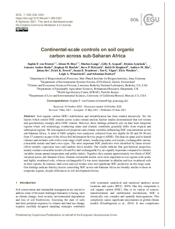 (PDF) Continental-scale controls on soil organic carbon across sub-Saharan Africa
