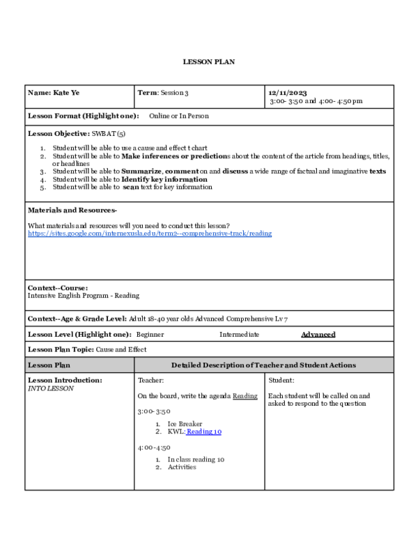 (PDF) Lesson Plan: Advanced Comprehensive Lv 7 Reading