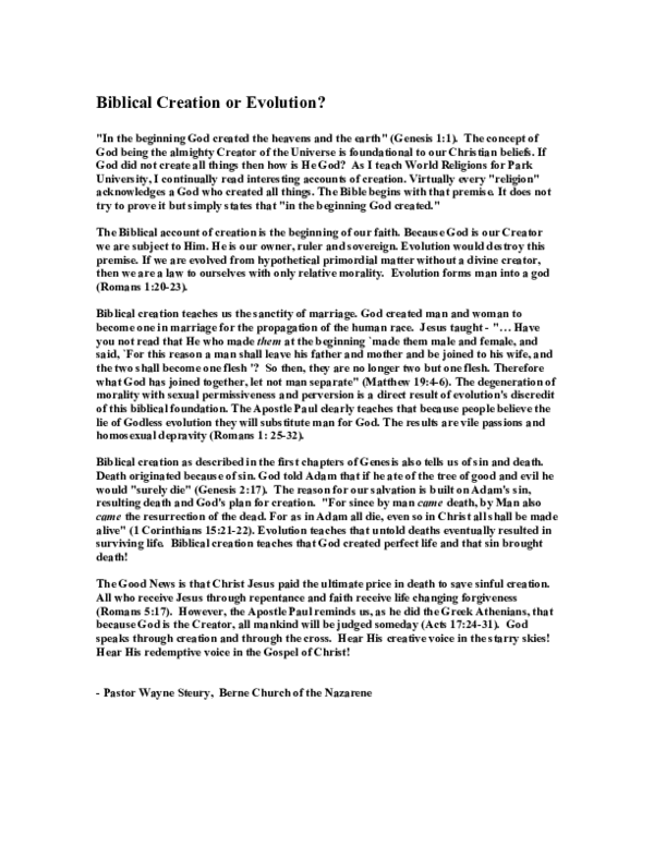 (DOC) Biblical Creation or Evolution?