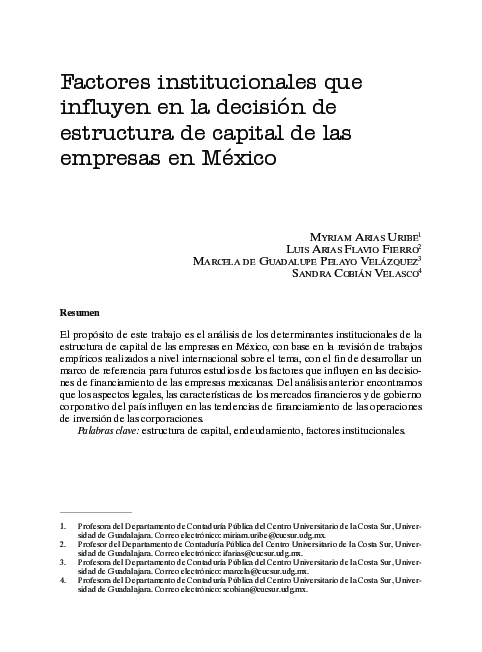 (PDF) Factores institucionales que influyen en la decisión de estructura de capital de las ...