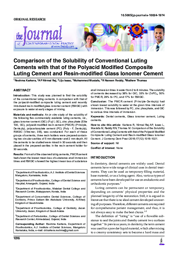 (PDF) Comparison of the Solubility of Conventional Luting Cements with ...