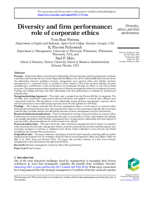 (PDF) Diversity and firm performance: role of corporate ethics