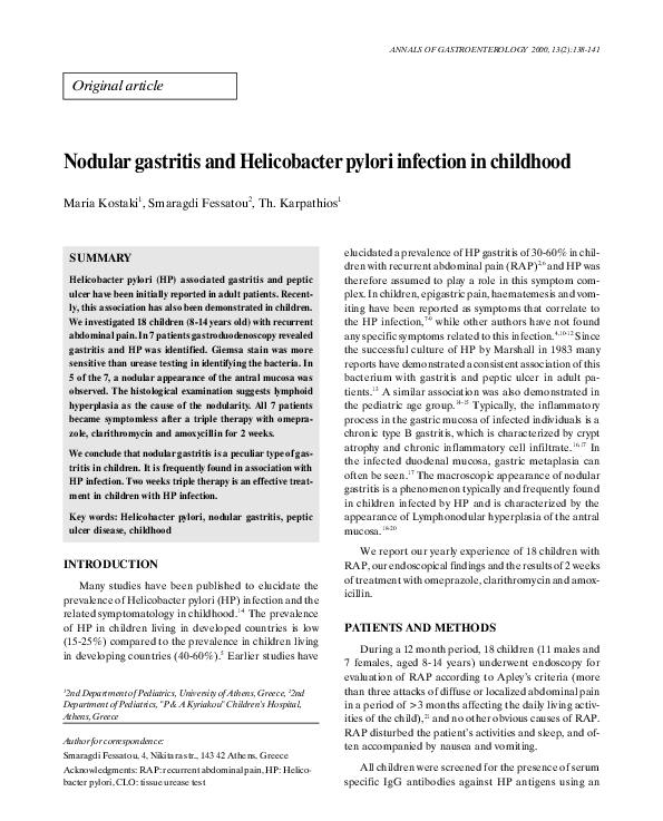 (PDF) Nodular gastritis and Helicobacter pylori infection in childhood