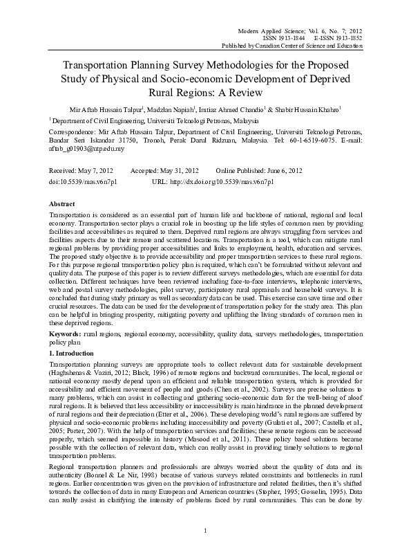 (PDF) Transportation Planning Survey Methodologies for the Proposed Study of Physical and Socio ...