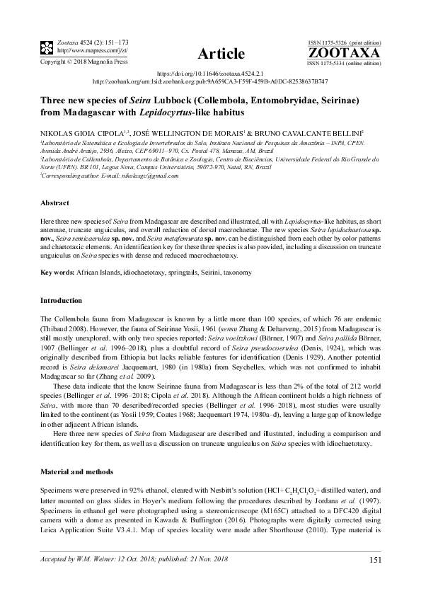 (PDF) Three new species of Seira Lubbock (Collembola, Entomobryidae ...