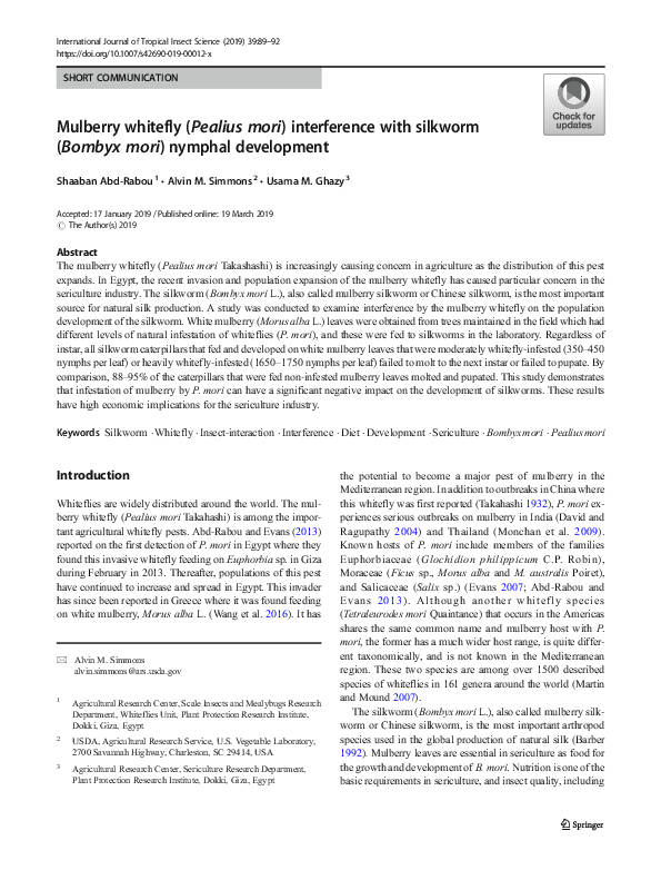 (PDF) Mulberry whitefly (Pealius mori) interference with silkworm ...