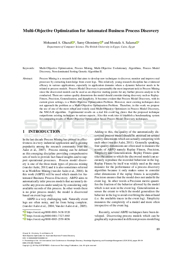(PDF) Multi-Objective Optimization for Automated Business Process Discovery | Samy Ghoniemy ...