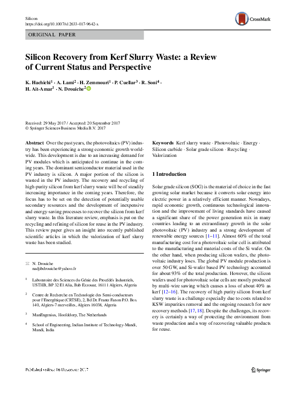 (PDF) Silicon Recovery from Kerf Slurry Waste: a Review of Current ...