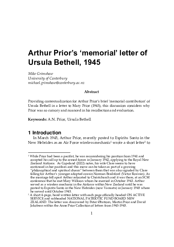 (PDF) Arthur Prior’s ‘memorial’ letter of Ursula Bethell, 1945