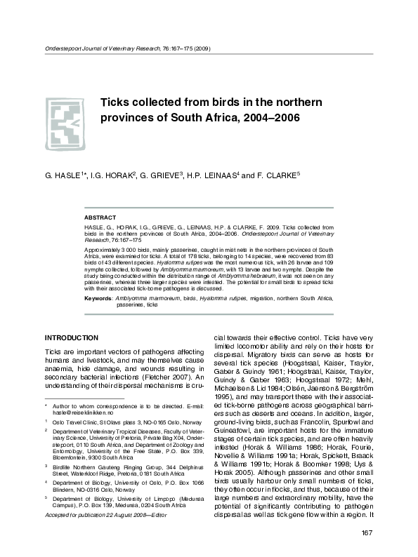 (PDF) Ticks collected from birds in the northern provinces of South ...