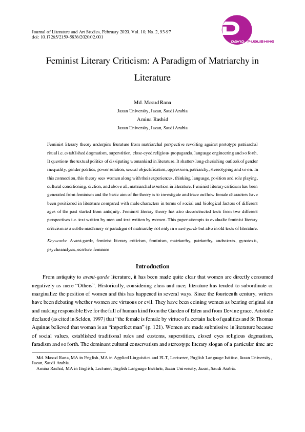 (PDF) Feminist Literary Criticism: A Paradigm of Matriarchy in Literature