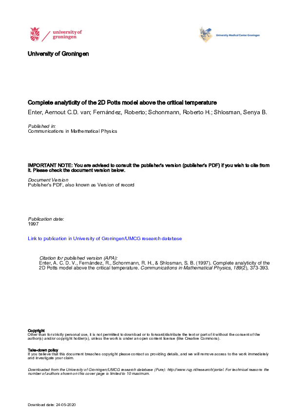 (PDF) Complete Analyticity of the 2D Potts Model above the Critical ...