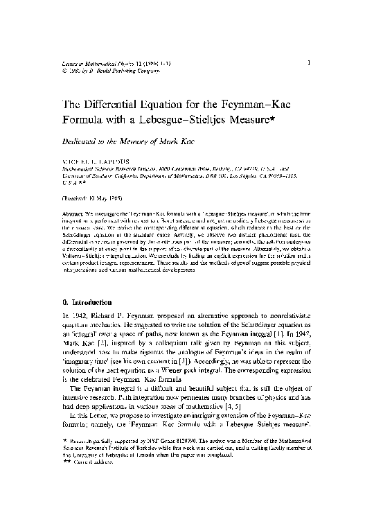(PDF) The differential equation for the Feynman-Kac formula with a Lebesgue-Stieltjes measure
