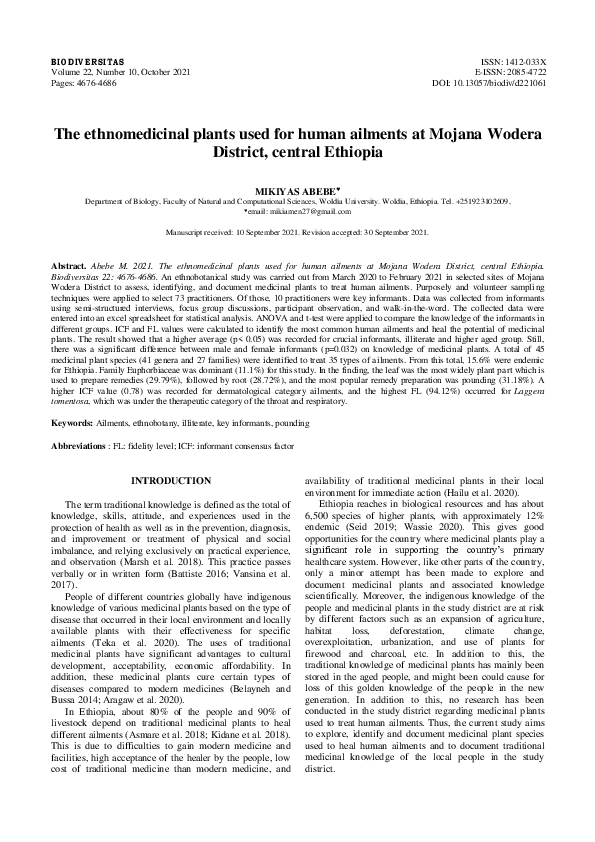 (PDF) The ethnomedicinal plants used for human ailments at Mojana Wodera District, central Ethiopia