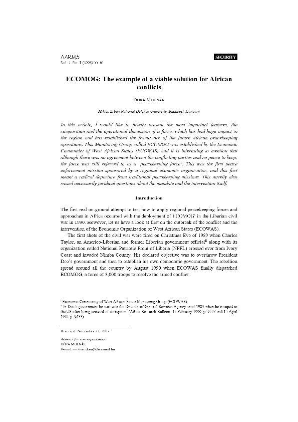 (PDF) ECOMOG: The example of a viable solution for African conflicts