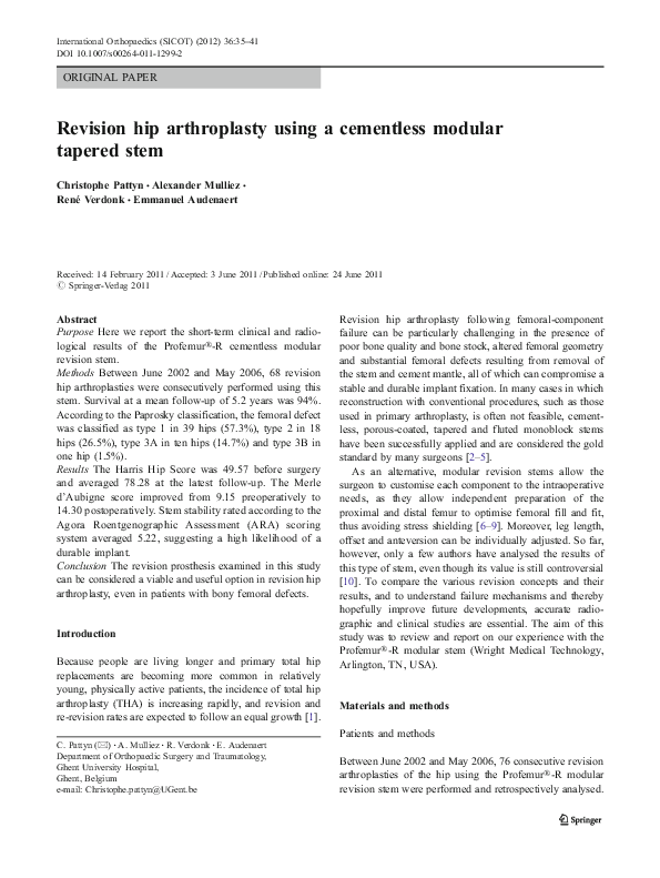 (PDF) Revision hip arthroplasty using a cementless modular tapered stem ...