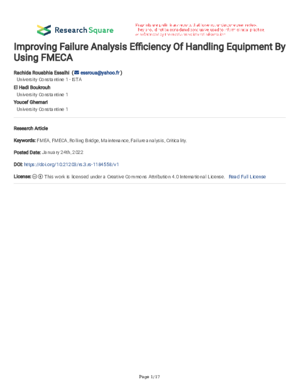 (PDF) Improving Failure Analysis Efficiency Of Handling Equipment By Using FMECA