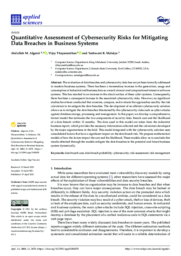 (PDF) Quantitative Assessment of Cybersecurity Risks for Mitigating Data Breaches in Business ...