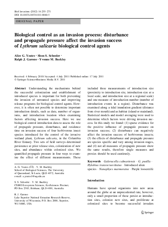 (PDF) Biological control as an invasion process: disturbance and propagule pressure affect the ...