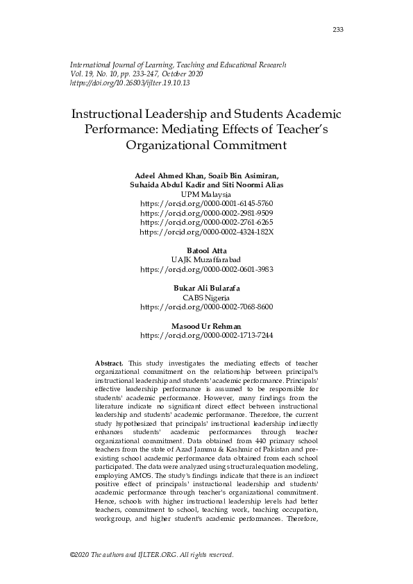 (PDF) Instructional Leadership and Students Academic Performance: Mediating Effects of Teacher’s ...