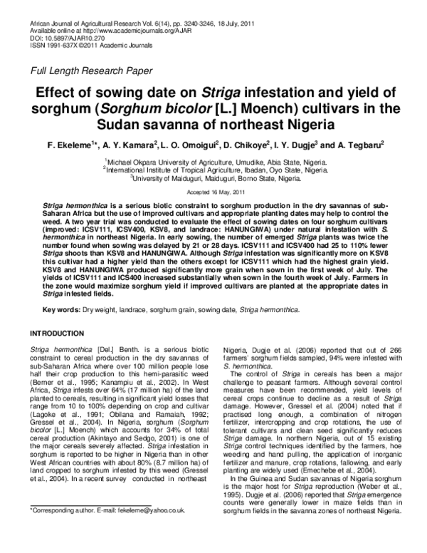 (PDF) Effect of sowing date on Striga infestation and yield of sorghum ...