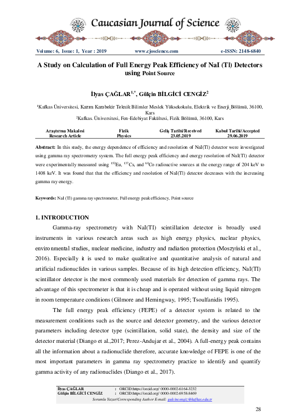 (PDF) A Study on Calculation of Full Energy Peak Efficiency of Nai(TL) Detectors Using Point Source