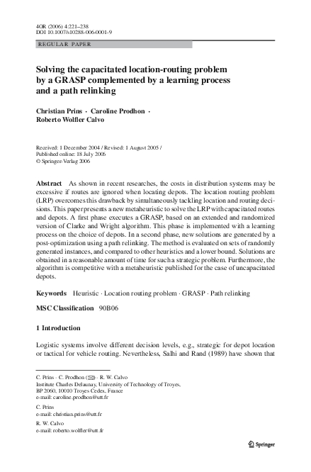 Pdf Solving The Capacitated Location Routing Problem By A Grasp Complemented By A Learning