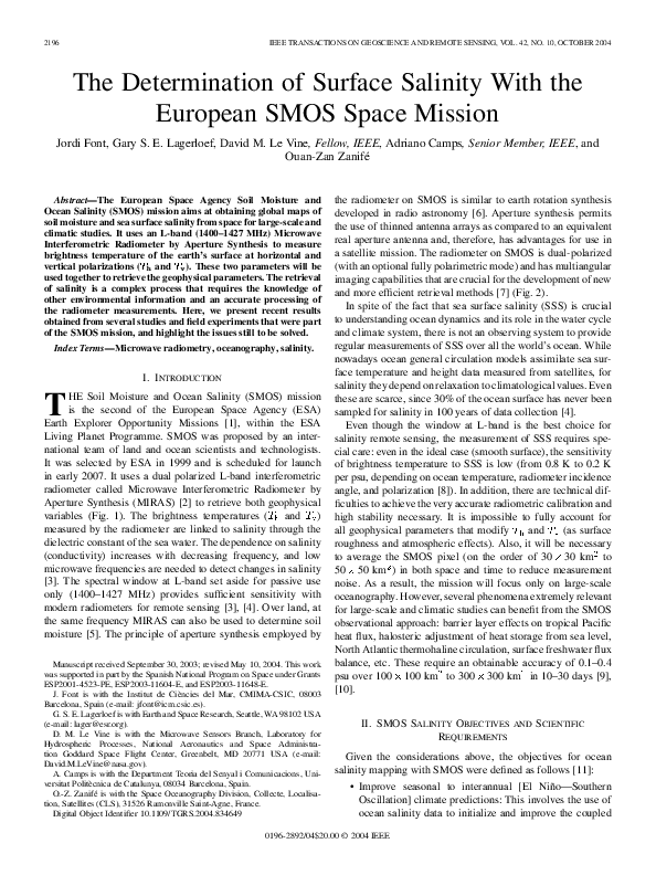 (PDF) The determination of surface salinity with the European SMOS space mission | Adriano Camps ...
