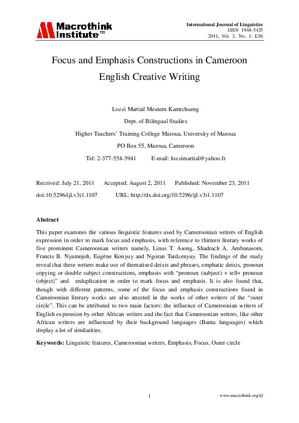 (PDF) Focus and Emphasis Constructions in Cameroon English Creative Writing
