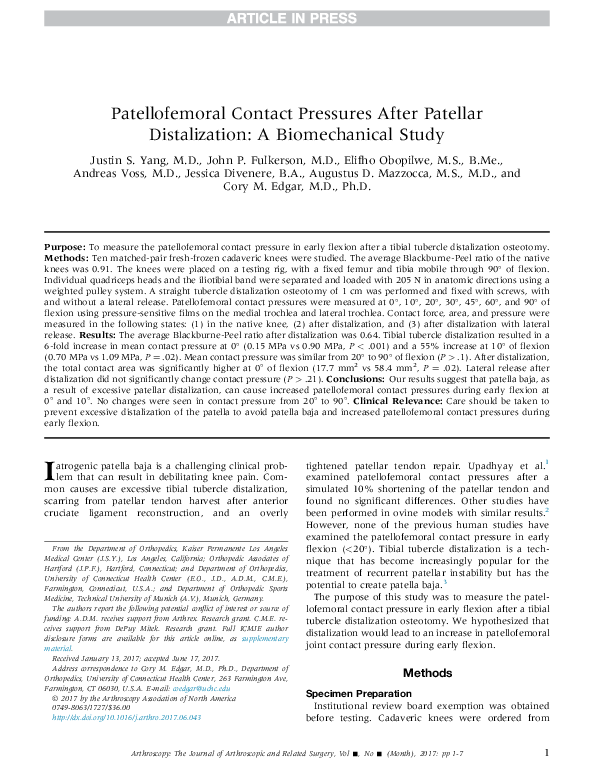 (PDF) Patellofemoral Contact Pressures After Patellar Distalization: A ...