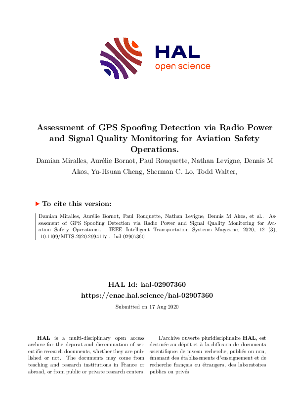 Pdf An Assessment Of Gps Spoofing Detection Via Radio Power And
