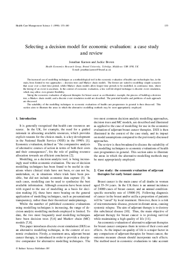 (PDF) Selecting a decision model for economic evaluation: a case study ...