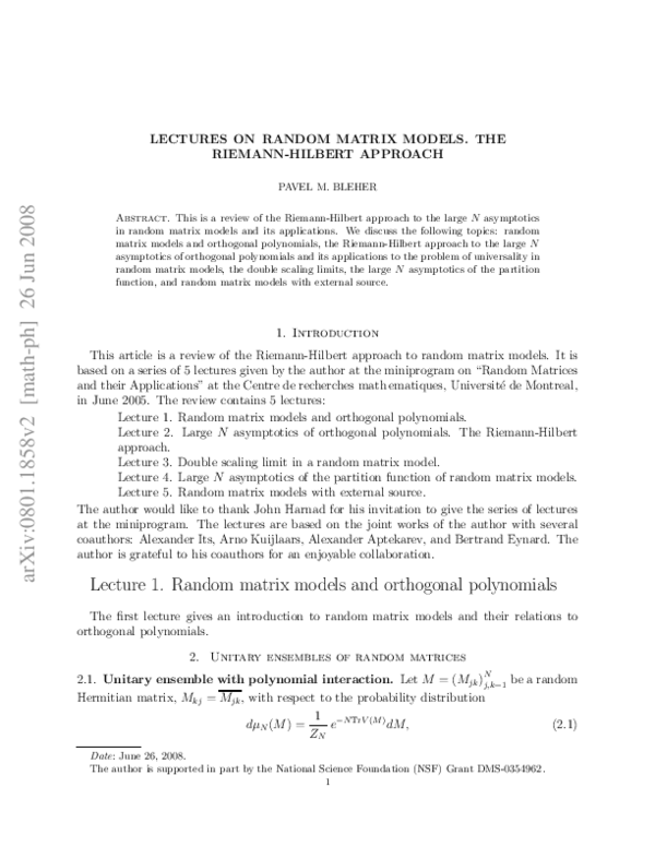 (PDF) Lectures on random matrix models. The Riemann-Hilbert approach | Pavel Bleher - Academia.edu