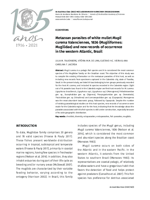 (PDF) Metazoan parasites of white mullet Mugil curema Valenciennes ...