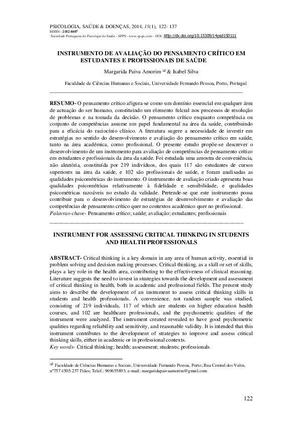 (PDF) Instrument for Assessing Critical Thinking in Students and Health Professionals ...