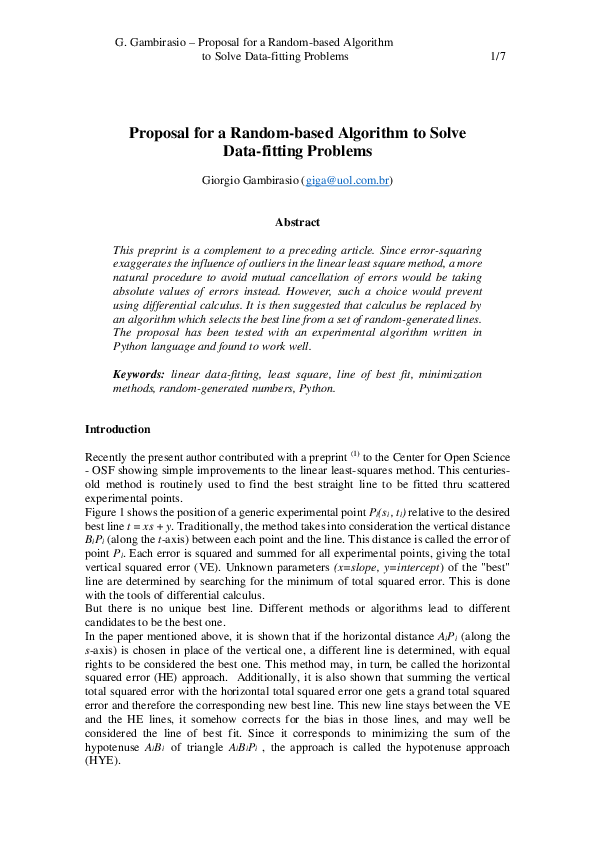 Pdf Proposal For A Random Based Algorithm To Solve Data Fitting Problems
