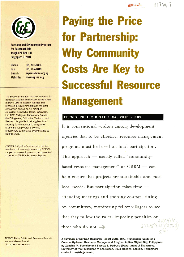(PDF) Paying the price for partnership : why community costs are key to successful resource ...