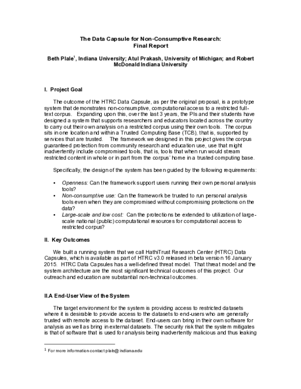 (PDF) The Data Capsule for Non-Consumptive Research: Final Report
