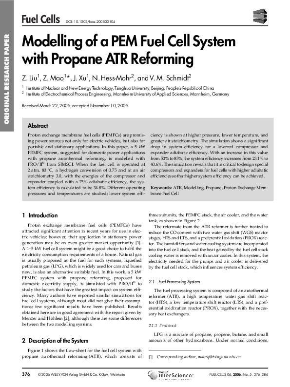 (PDF) Modelling of a PEM Fuel Cell System with Propane ATR Reforming