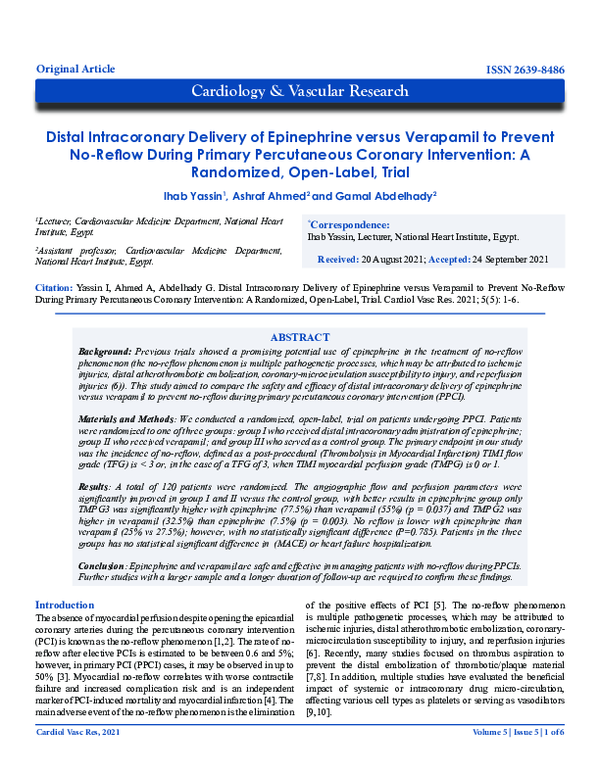 (PDF) Distal Intracoronary Delivery of Epinephrine versus Verapamil to Prevent No-Reflow During ...