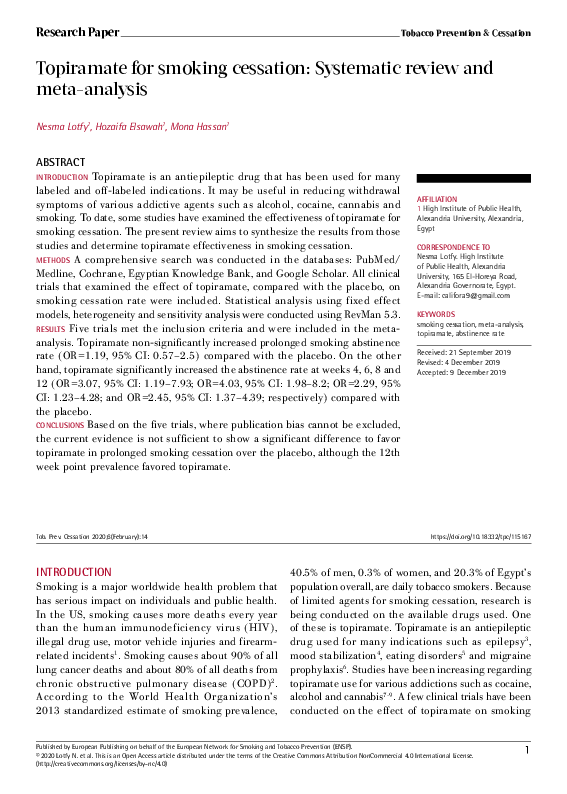 (PDF) Topiramate for smoking cessation: Systematic review and meta-analysis