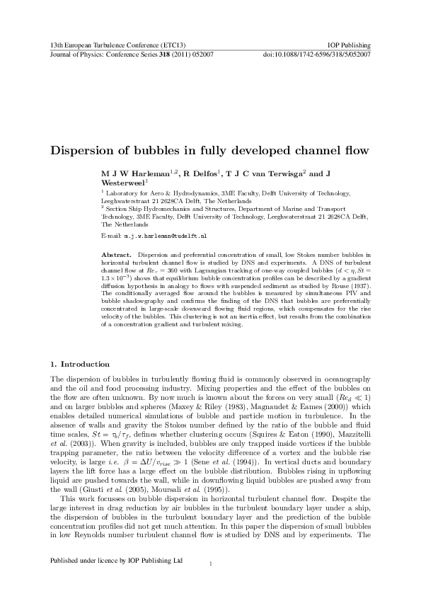 (PDF) Dispersion of bubbles in fully developed channel flow