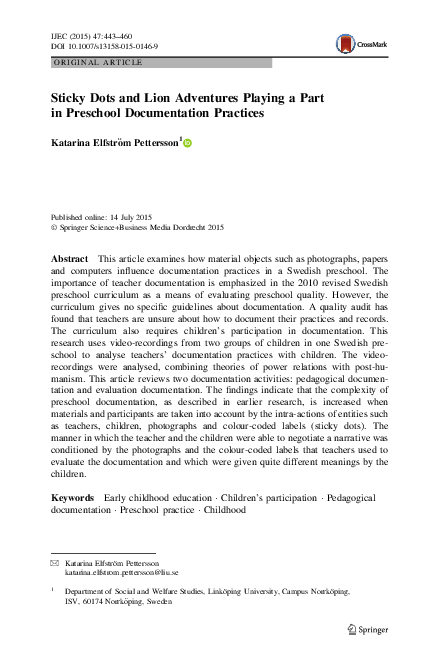 (PDF) Sticky Dots and Lion Adventures Playing a Part in Preschool Documentation Practices