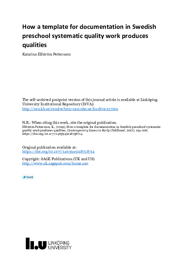 (PDF) How a template for documentation in Swedish preschool systematic ...