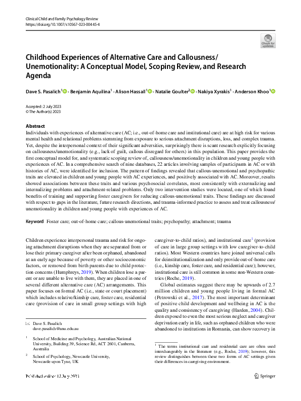 (PDF) Childhood Experiences of Alternative Care and Callousness ...
