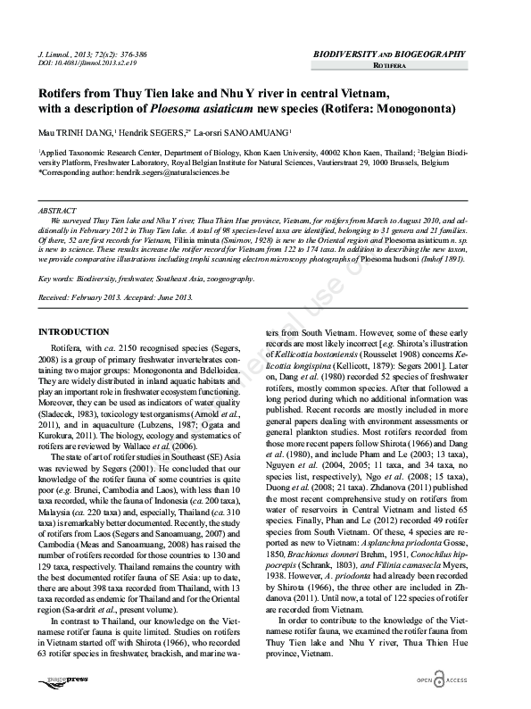 (PDF) Rotifers from Thuy Tien lake and Nhu Y river in central Vietnam ...