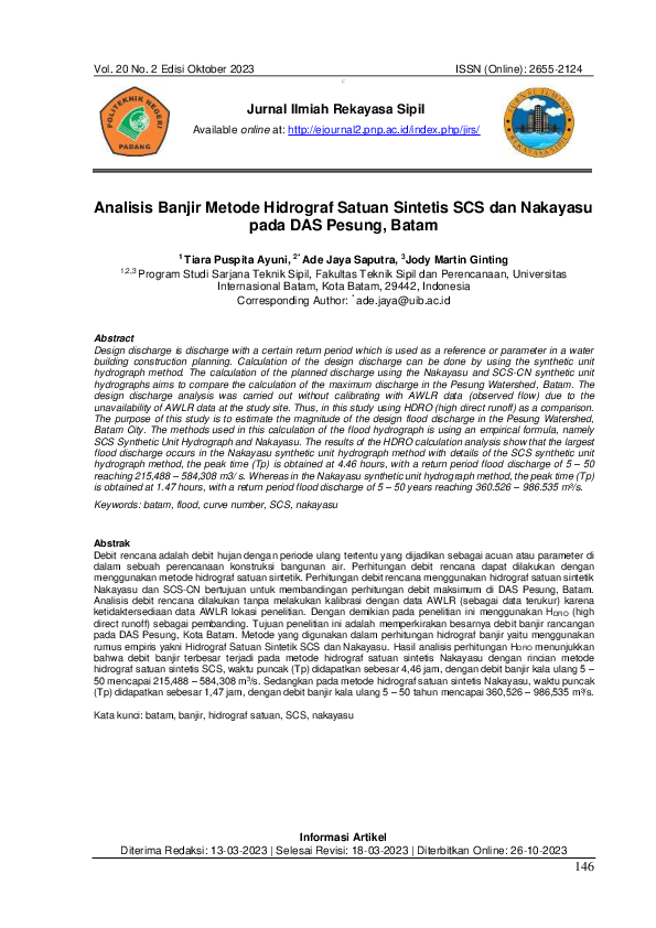 (PDF) Analisis Banjir Metode Hidrograf Satuan Sintetis SCS dan Nakayasu DAS Pesung, Batam